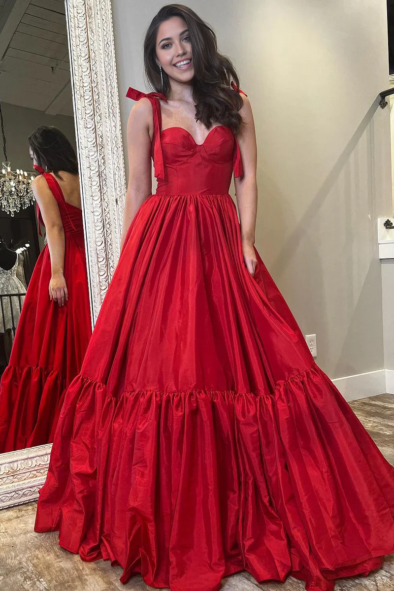 A-line Sweetheart Red Satin Ball Gown Long Prom Dress – etyou