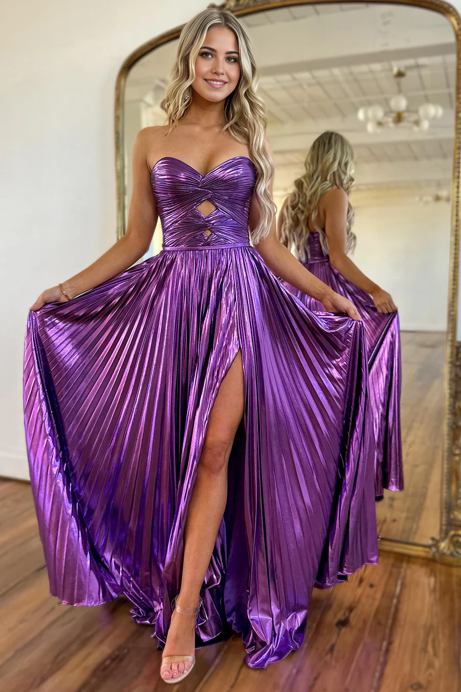 A Line Charming Sweetheart Purple Pleated Satin formal dresses evening ...