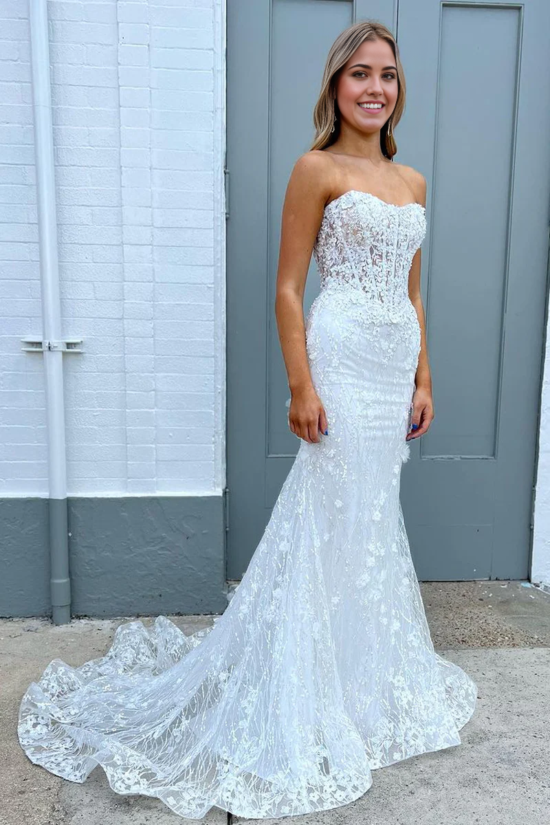 Mermaid Charming Sparkly Sweetheart White Sequins Long Prom Dresses – etyou