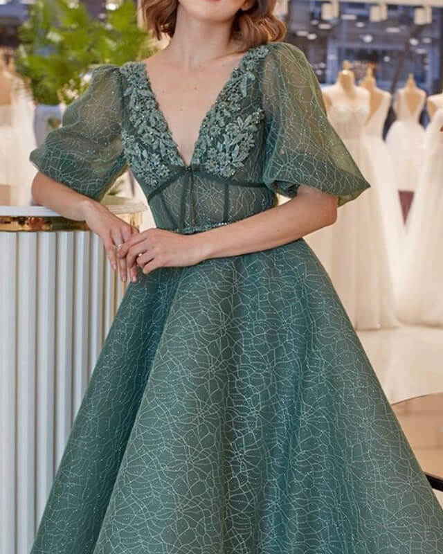 A-line Puffy Sleeves Lace V Neck Midi Prom Dresses – etyou